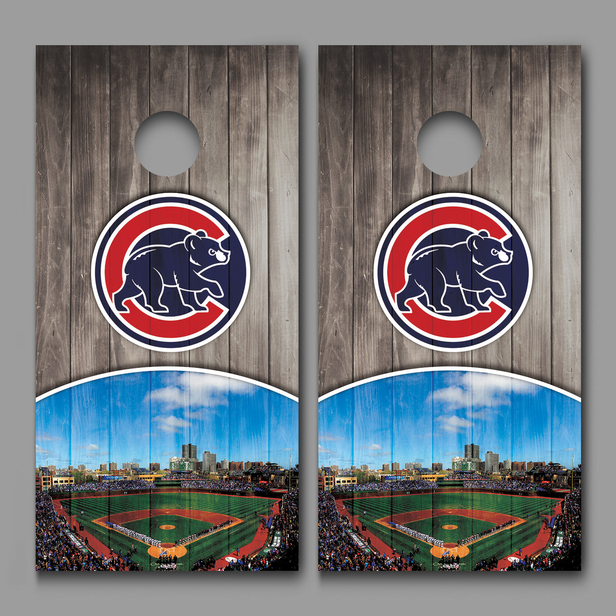 Chicago Cubs Skyline Ball Field on Wood Design Cornhole Decal Wraps ...