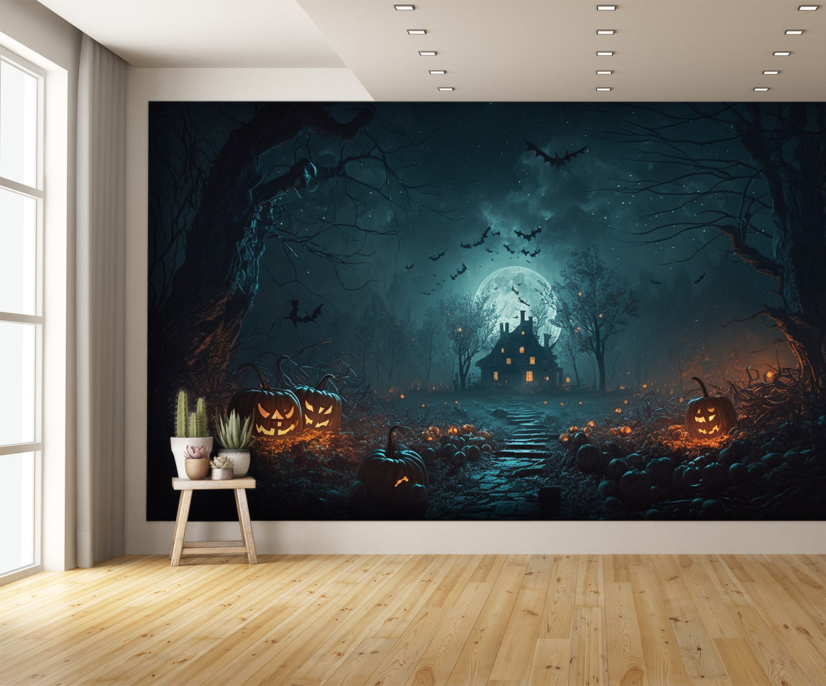 Halloween Haunted House Wallpaper Pumpkin Trail Wall Mural – Let's ...