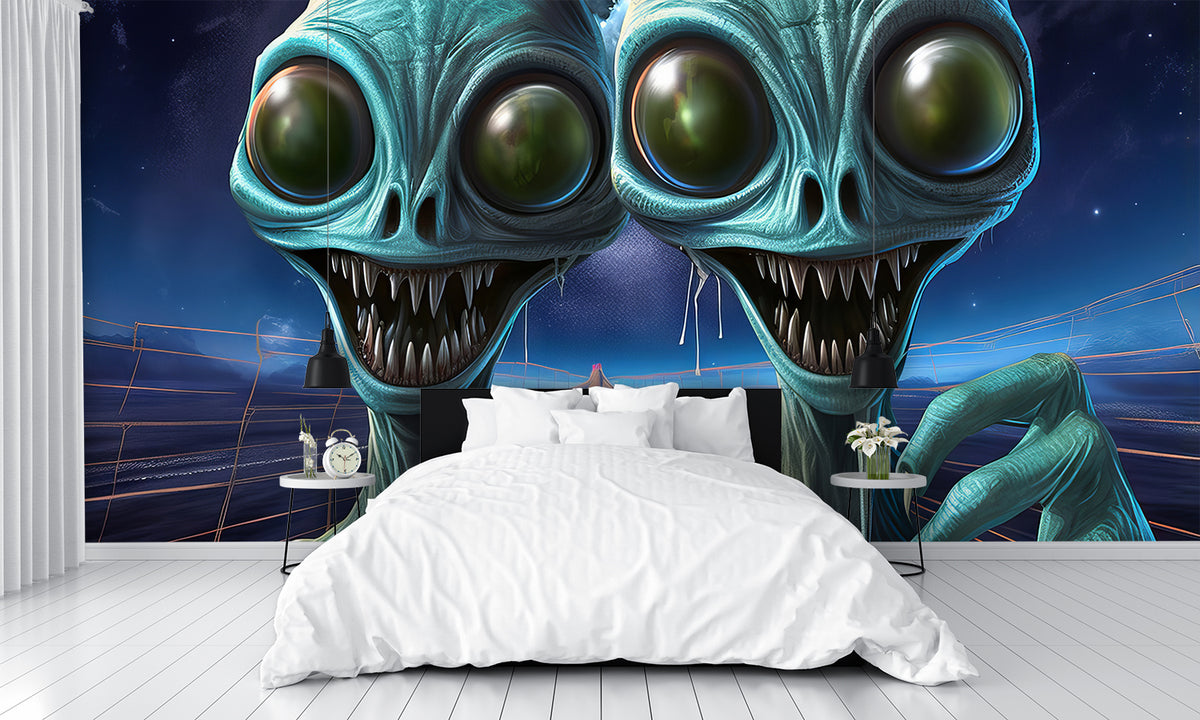 Scary Alien Wall Mural Sharp Teeth Taking Selfies Wallpaper – Let's ...