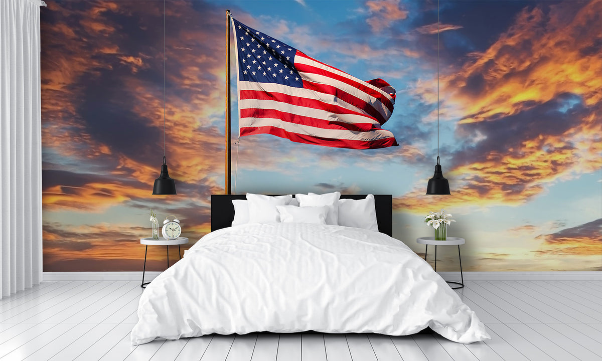 Waving American Flag Wallpaper with Sunset Wall Mural – Let's Print Big