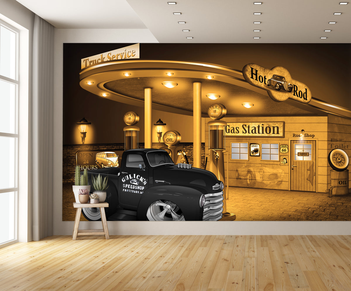 Car Art 1949 Pickup Truck Chevy Gas Station Wall Mural – Let's Print Big