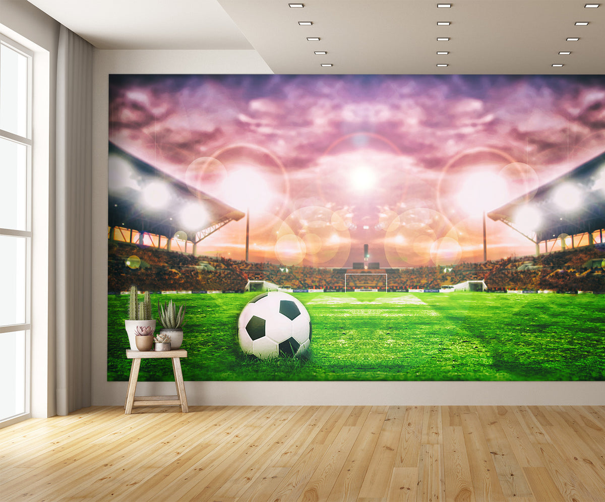 Soccer Ball On Green Field of Football Stadium Wall Mural – Let's Print Big