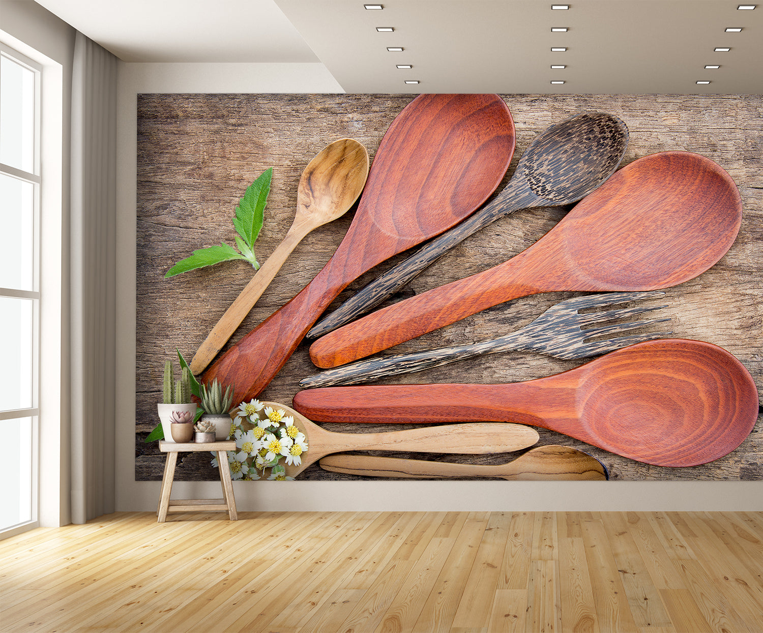 Wood Textured Cooking Utensils Mural Wallpaper – Let's Print Big