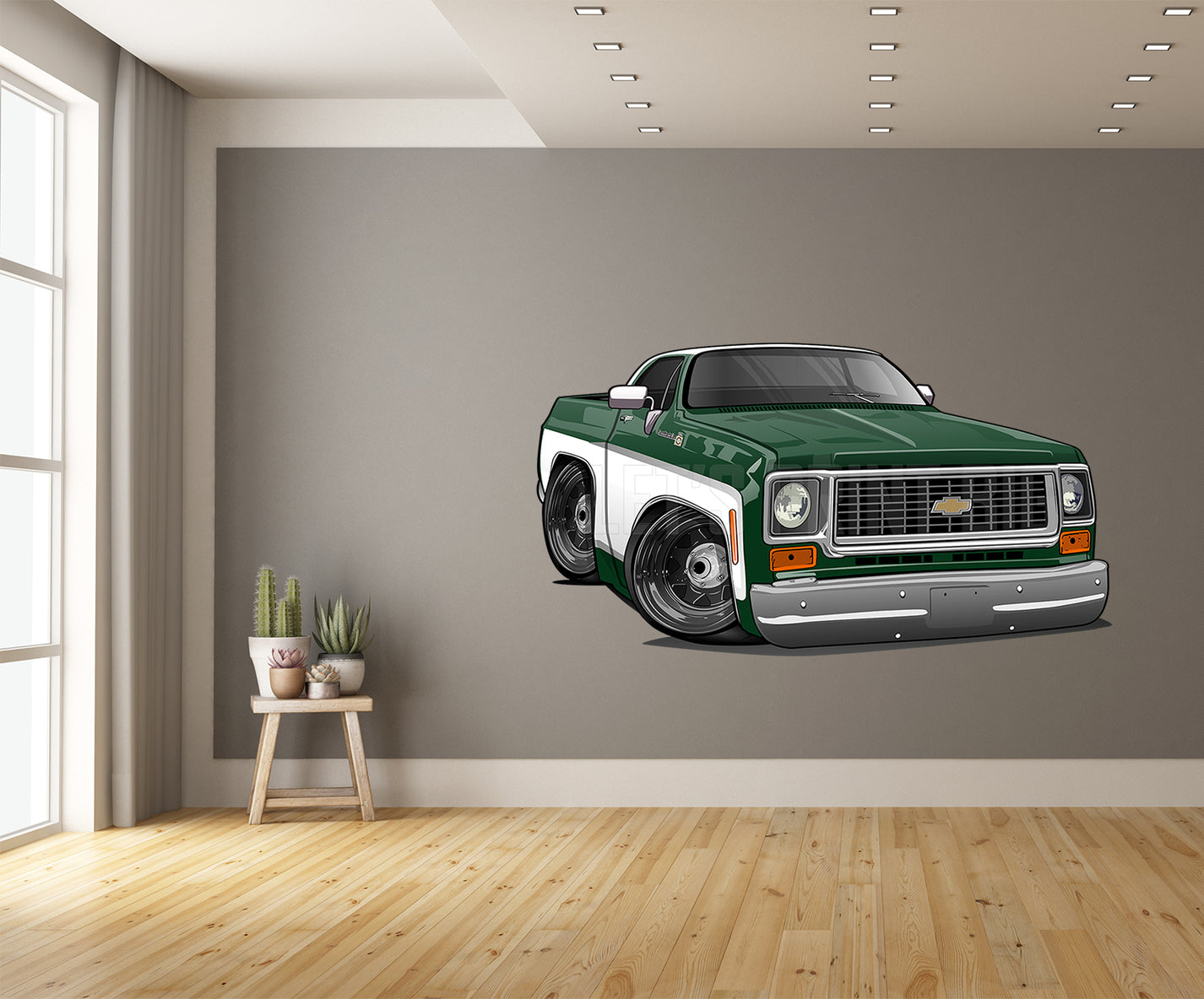 Car Art Green White Square Body Pickup Truck Cartoon Wall Decal – Let's ...