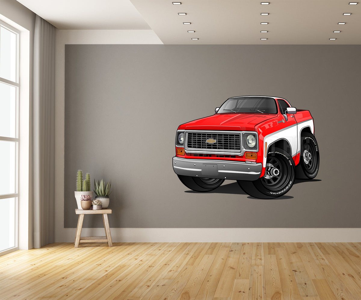 Car Art Red White Square Body 4x4 pickup truck Hot Rod Cartoon Wall De ...